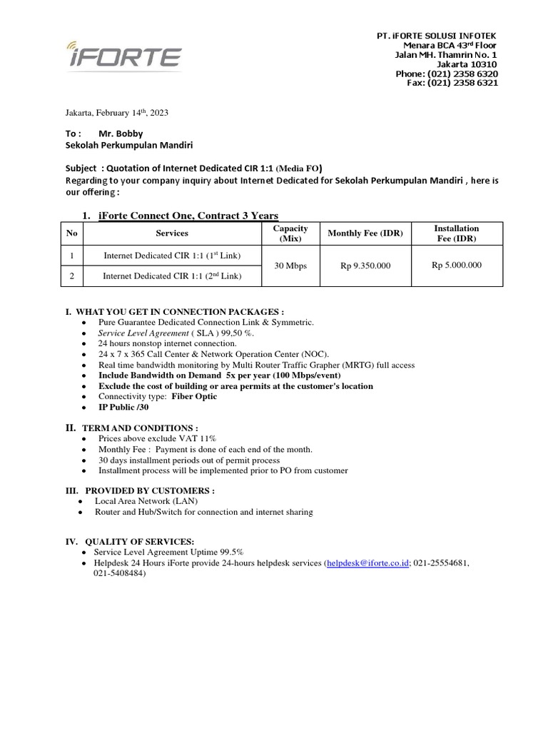 Quotation Internet Dedicated Iforte - Sekolah Perkumpulan Mandiri | PDF ...