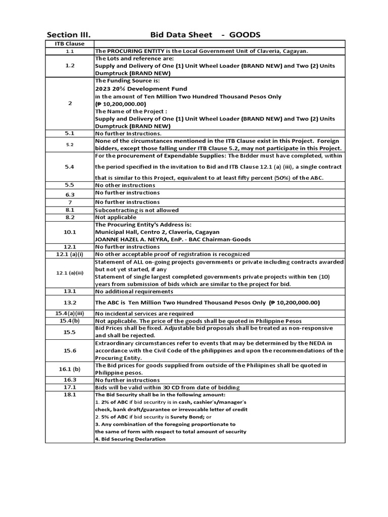 Bid Data Sheet | PDF