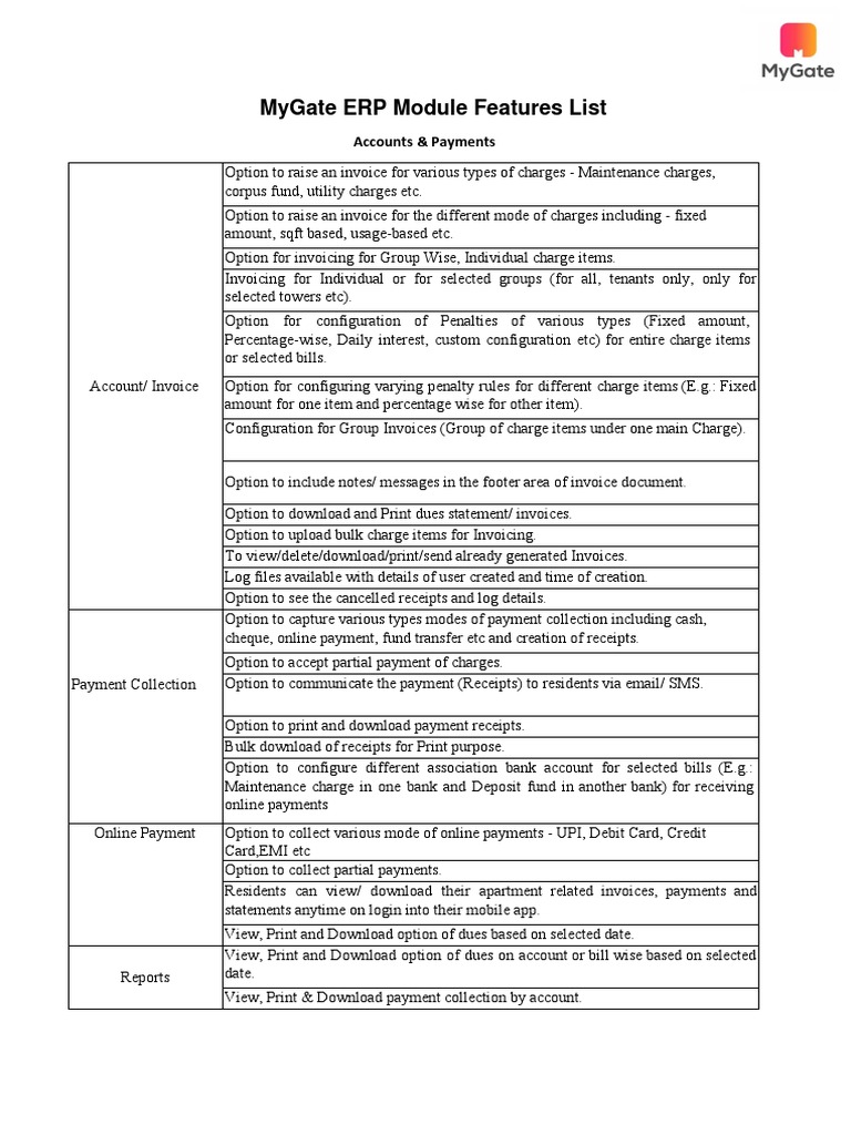 MyGate ERP Module Features List | PDF | Payments | Receipt