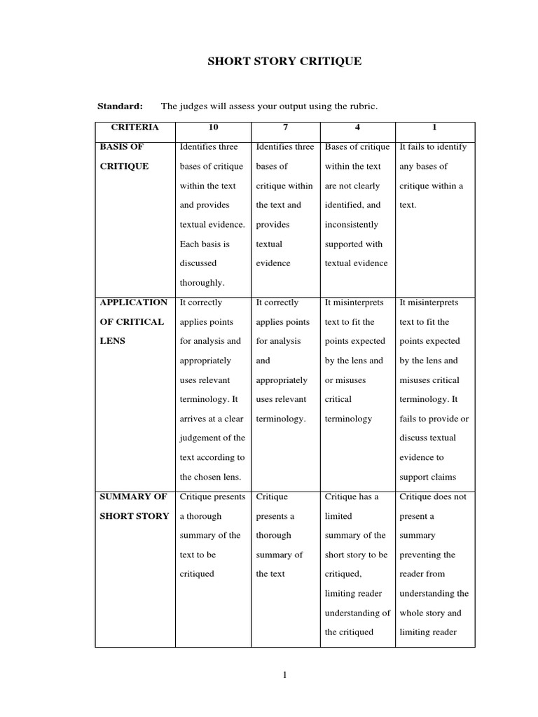 Rubric For Short Story Critique | PDF