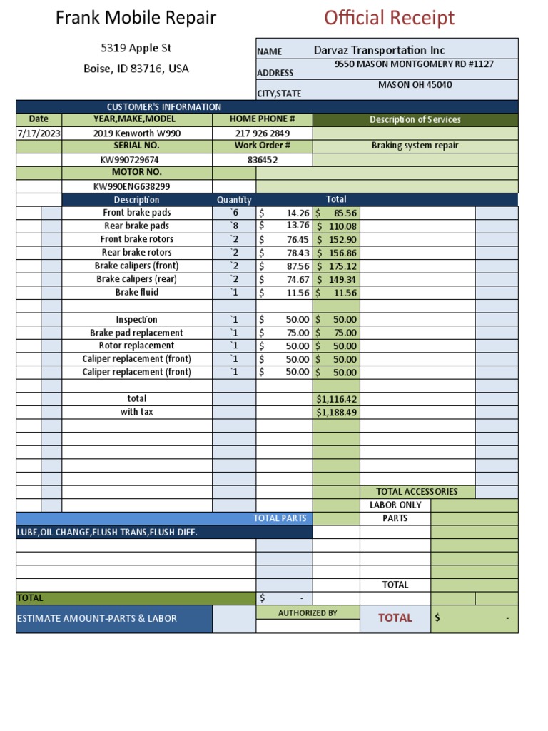 Auto Repair Invoice Templates 4 | PDF
