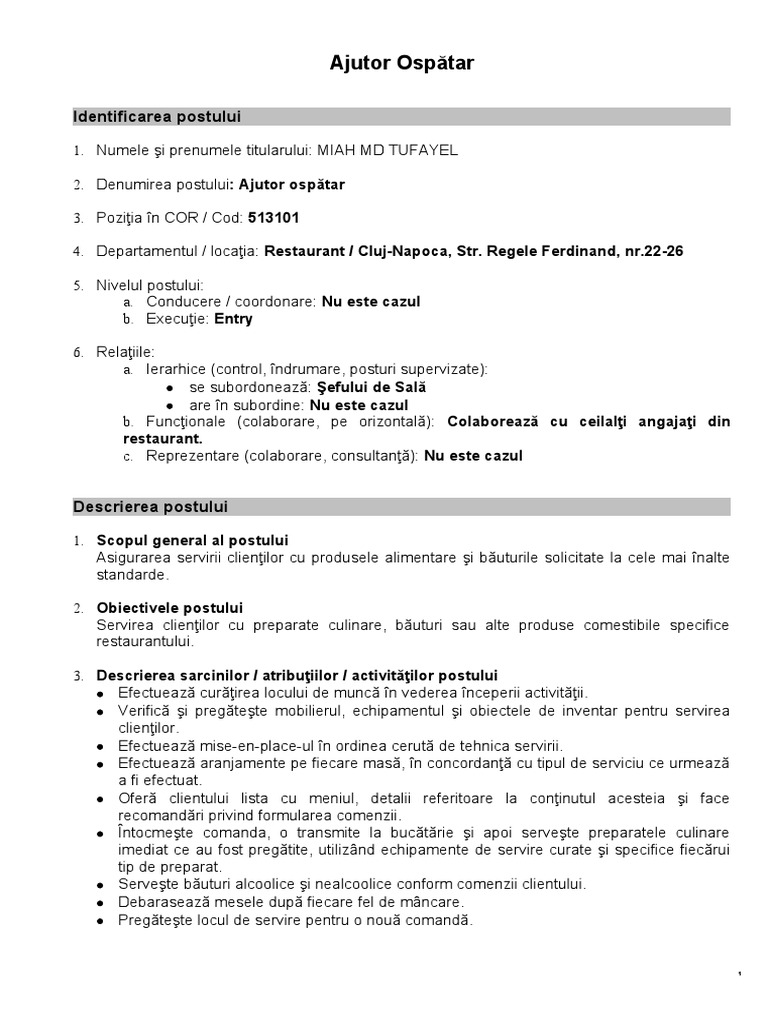 Fisa Postului - Ajutor Ospatar | PDF