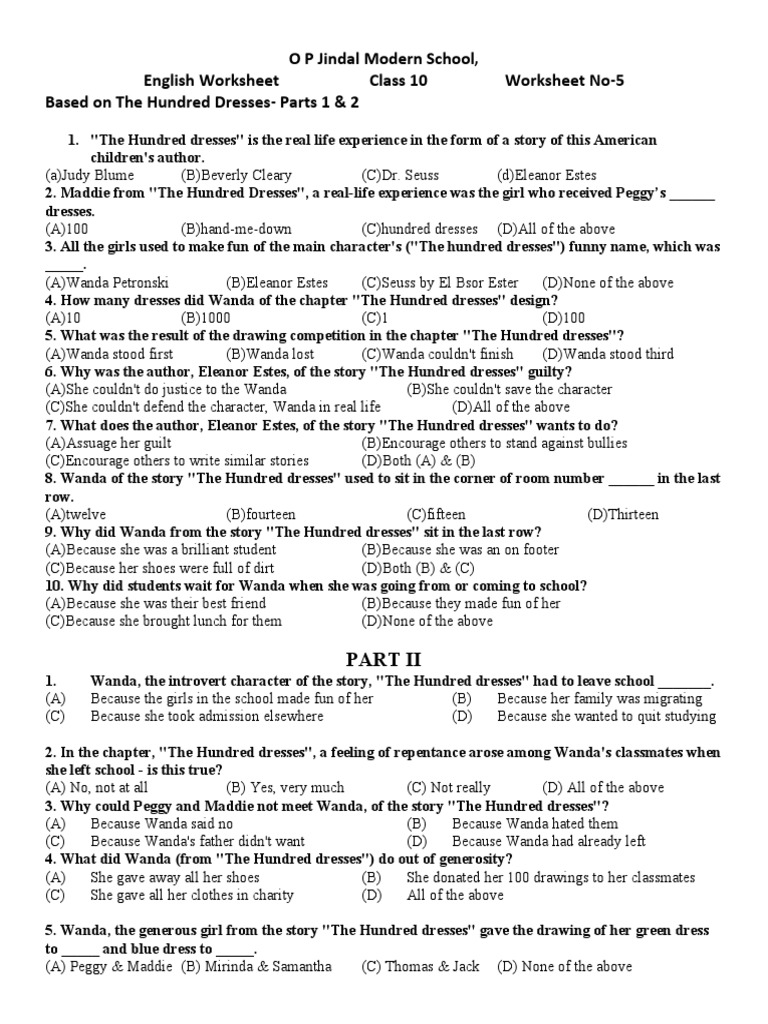 Class 10 Worksheet: The Hundred Dresses | PDF | Art