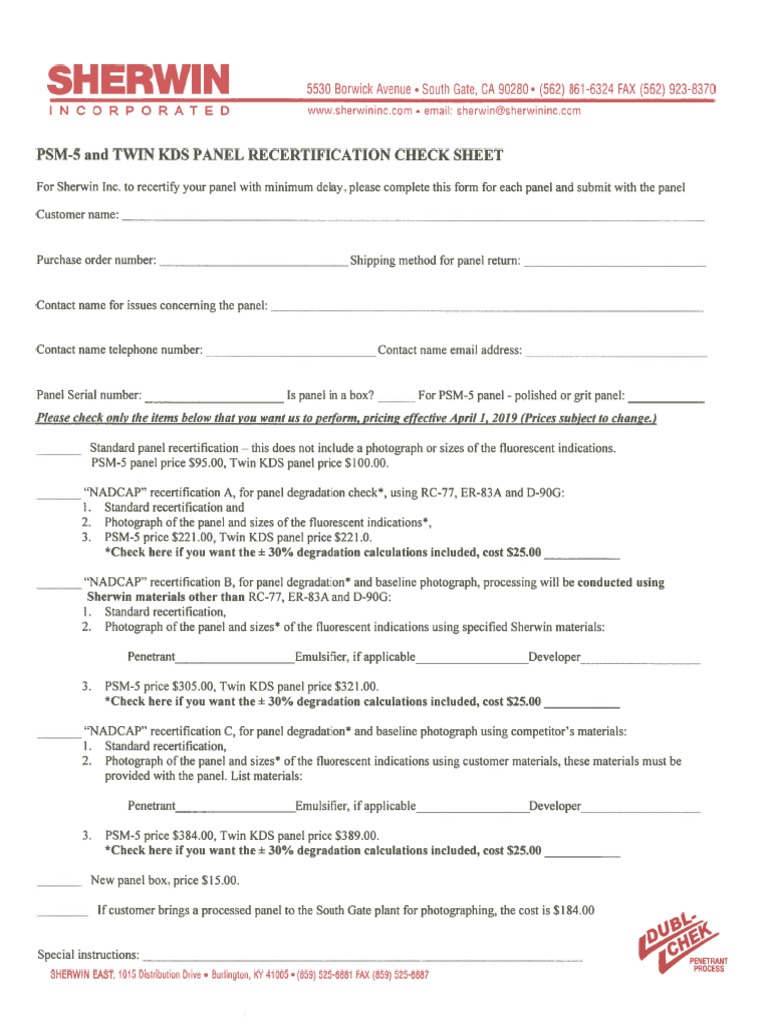 Tam Panel Calibration Check Sheet | PDF
