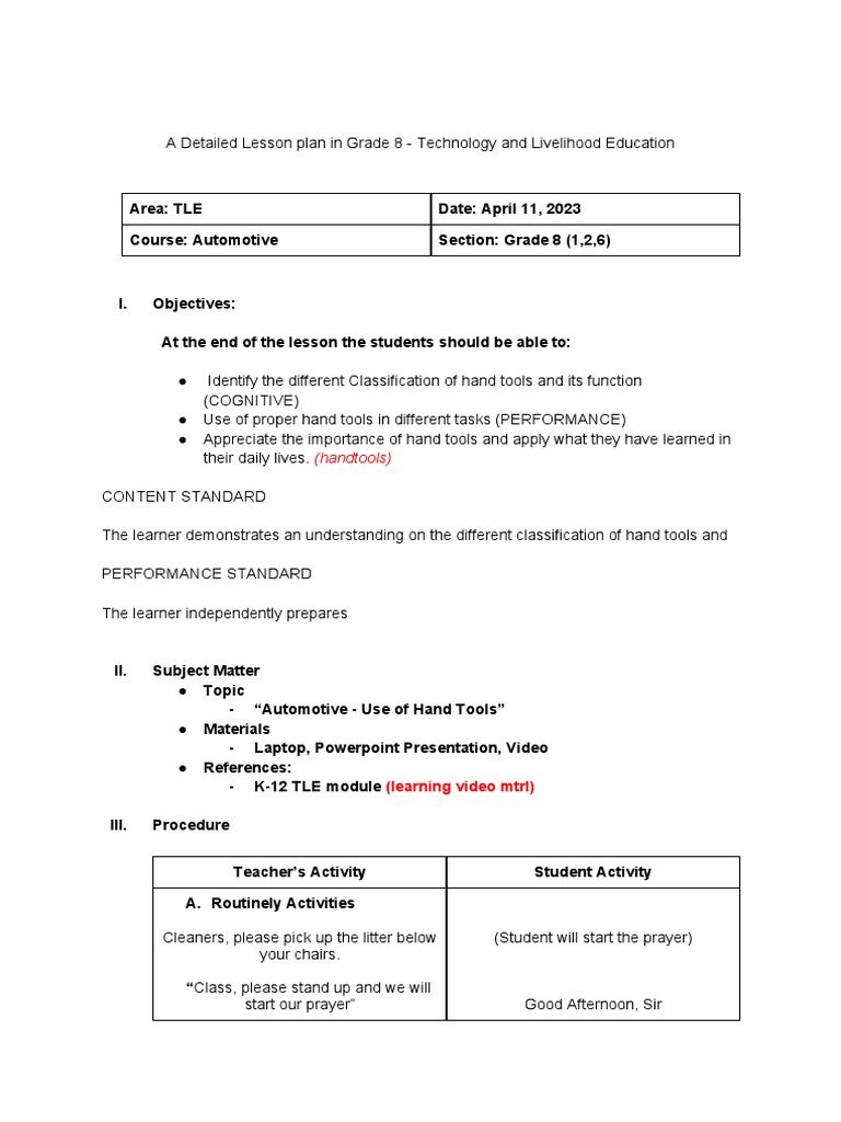 Lesson Plan - Automotive Lesson 1.2 | PDF