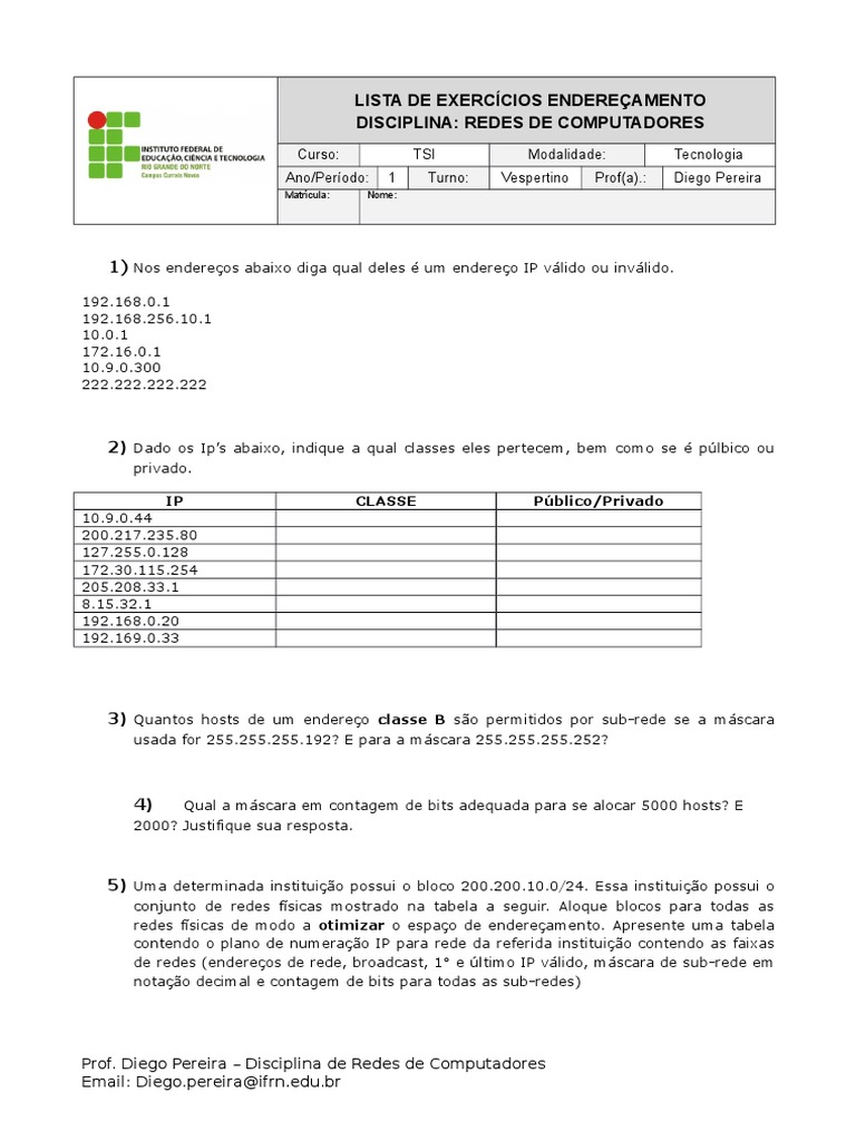 Lista Exercicio Enderecamento | PDF