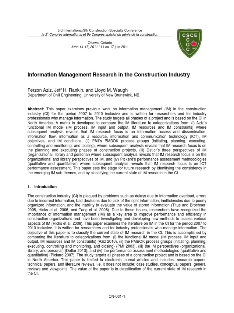 Information Management Research in The Construction Industry | PDF