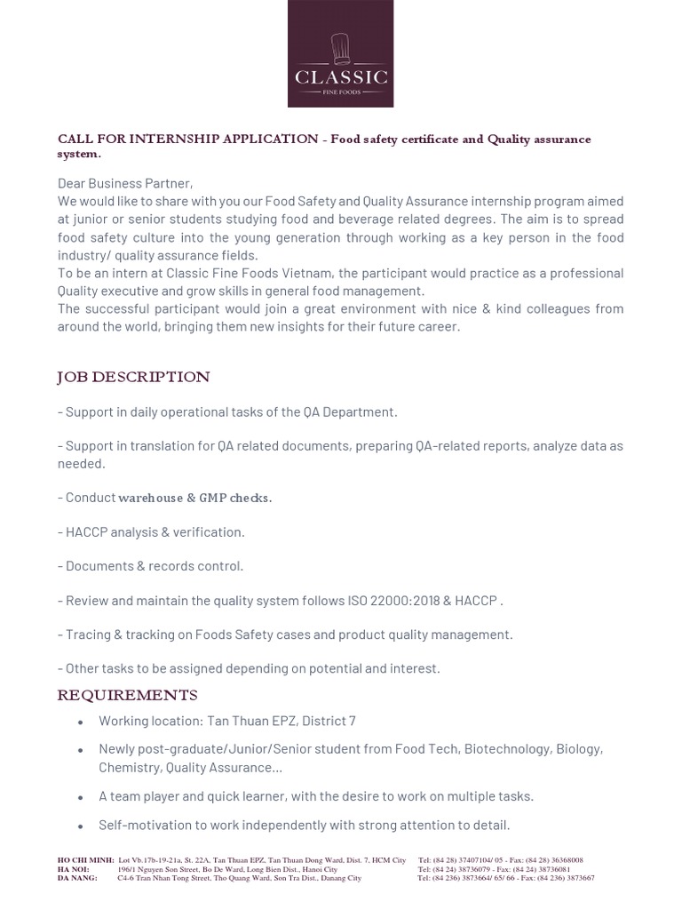 Classic Fine Foods Vietnam - Internship QA | PDF