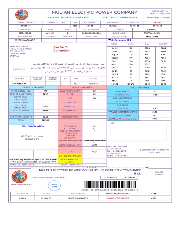 Mepco Online Bill | PDF | Fee | Taxes