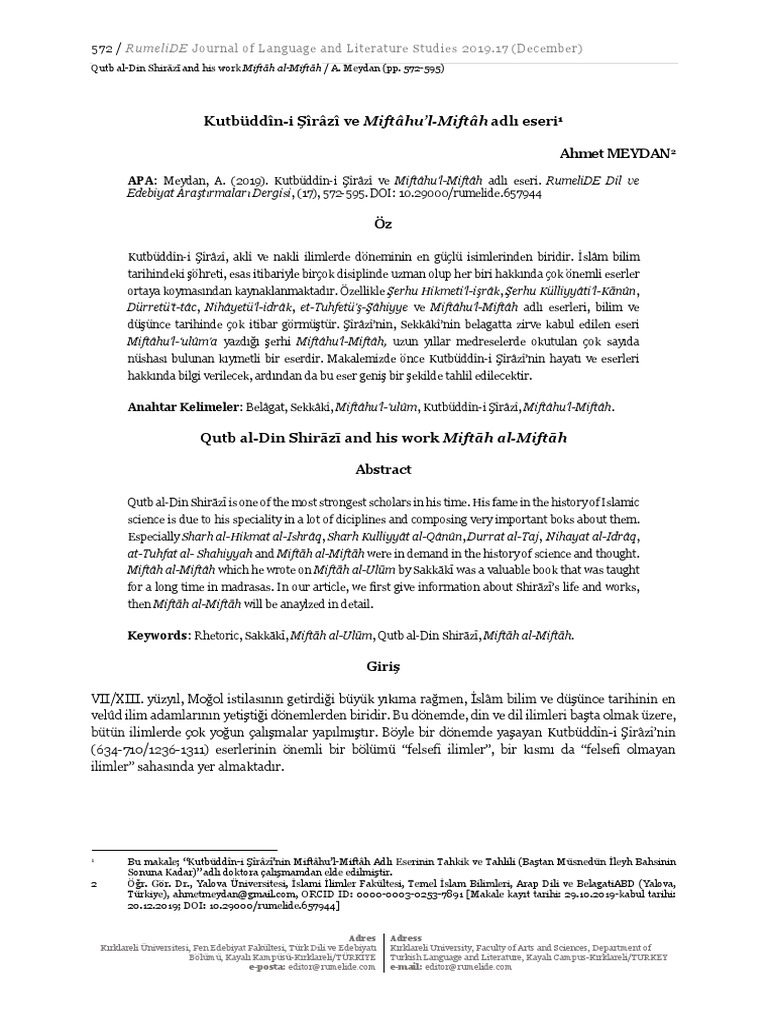 Ahmet Meydan Kudbiddin Şirazi Ve Miftahul Miftah Eseri | PDF