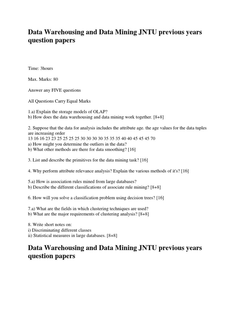 Data Warehousing and Data Mining JNTU Previous Years Question Papers | PDF | Data Warehouse ...