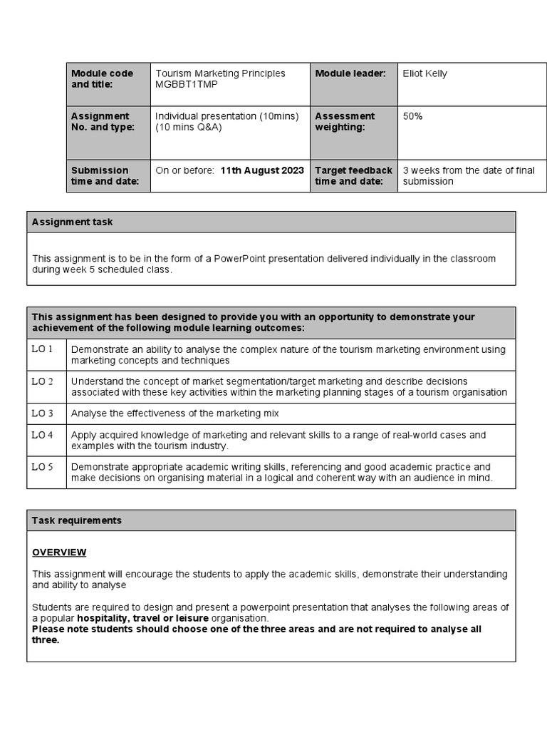 Tourism Marketing Principles Individual Presentation Brief | PDF