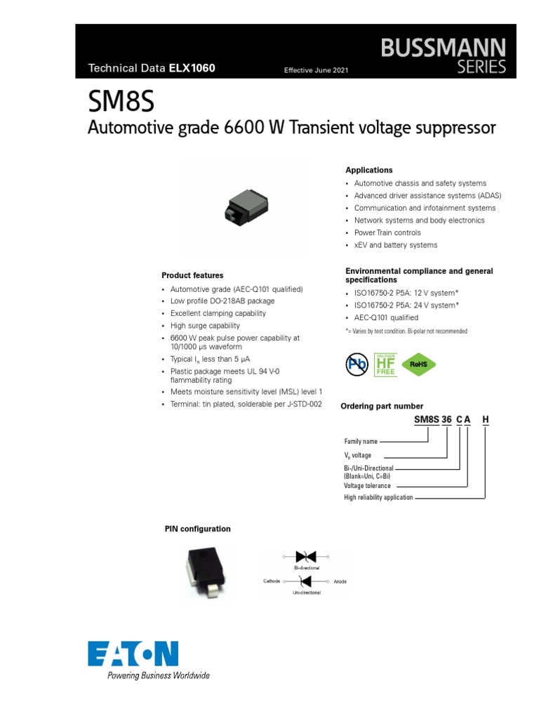Eaton Sm8s Automotive Tvs Diode Power Esd Suppressor Data Sheet Elx1060 en | PDF