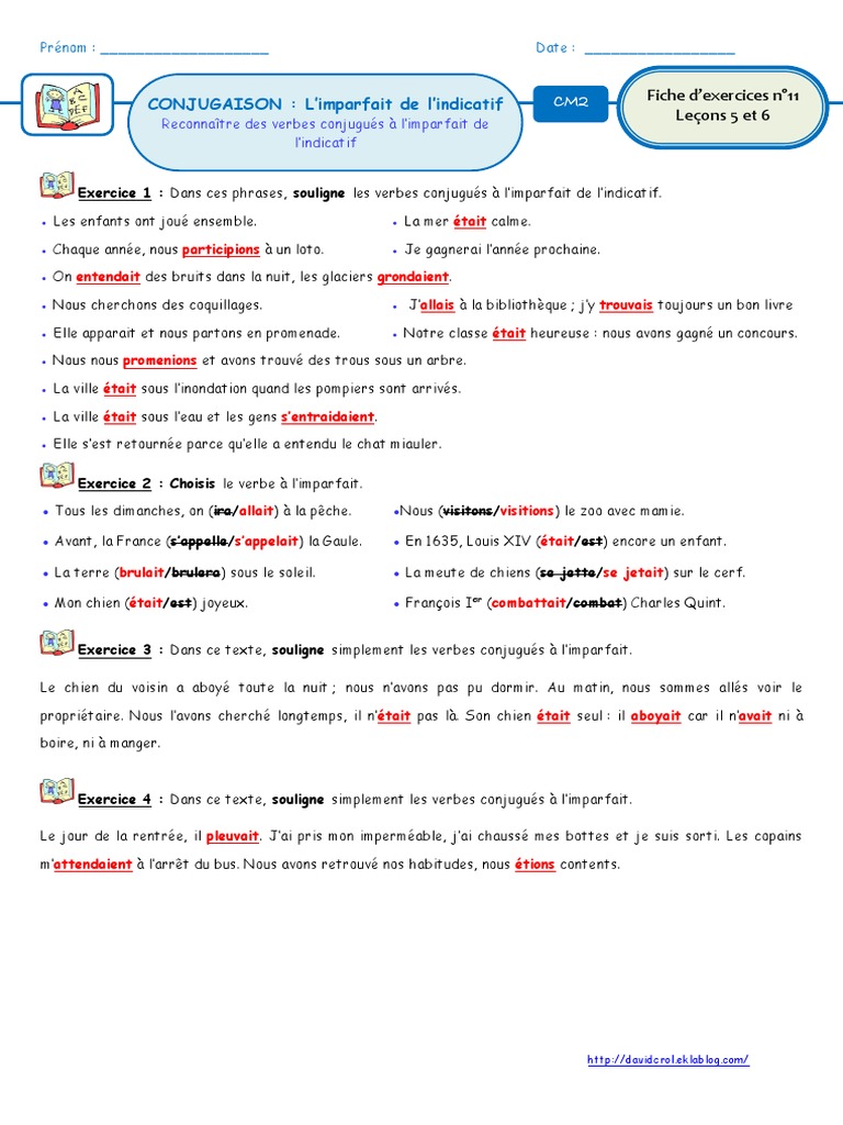 Fiche 11 Reconnaitre Des Verbes Conjugues A L Imparfait de L Indicatif ...