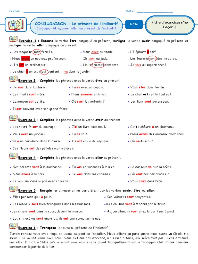 Fiche 10 Conjuguer Etre Avoir Aller Au Present de L Indicatif ...