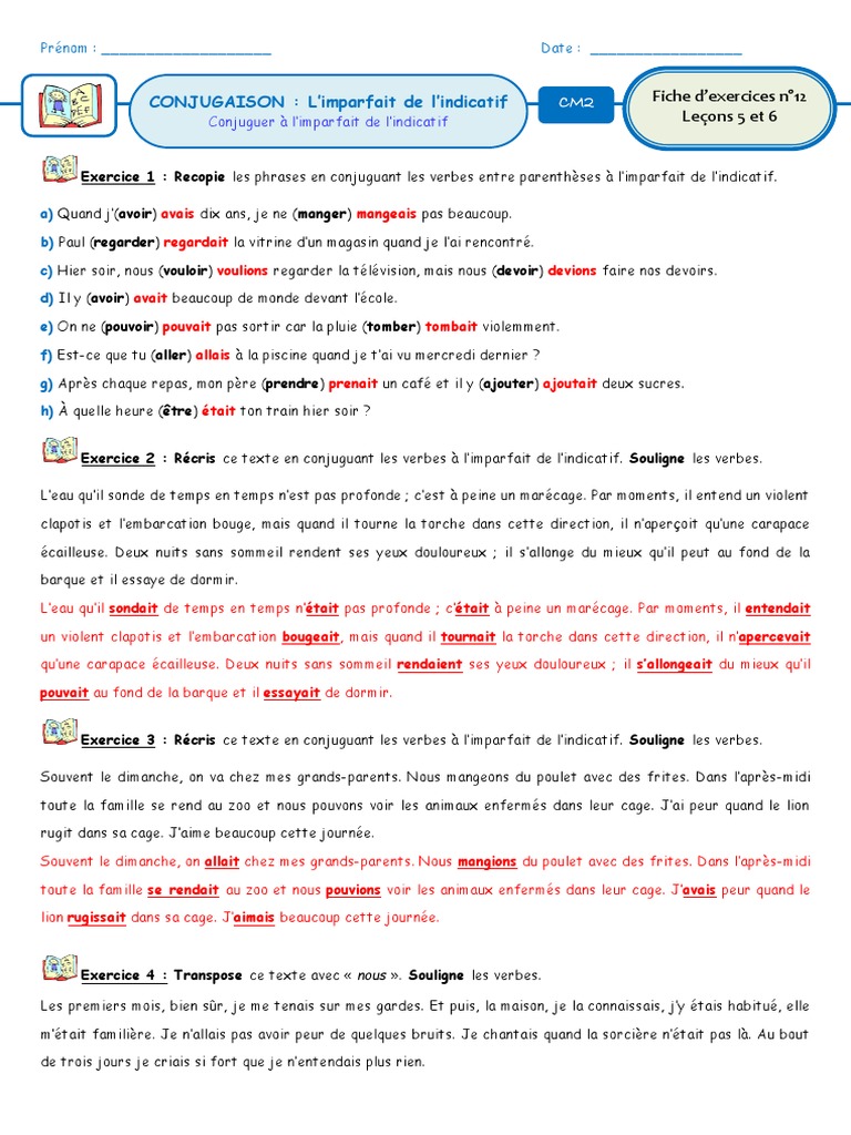 Fiche 12 Conjuguer A L Imparfait de L Indicatif Correction | PDF