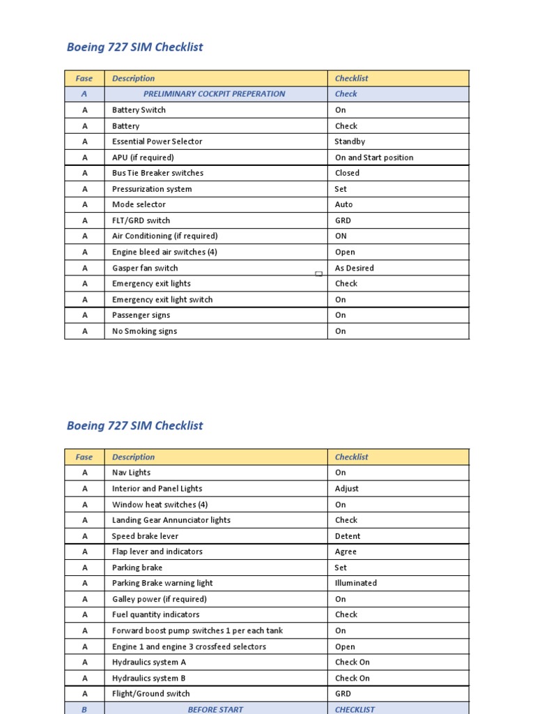 Boeing 727 SIM Checklist | PDF