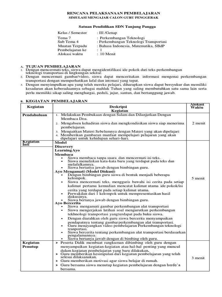 RPP Simulasi CGP Perkembangan Teknologi Kelas 3 | PDF