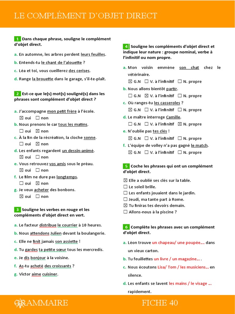 Complement Objet Direct Correction | PDF | Pronom | Sujet (Grammaire)