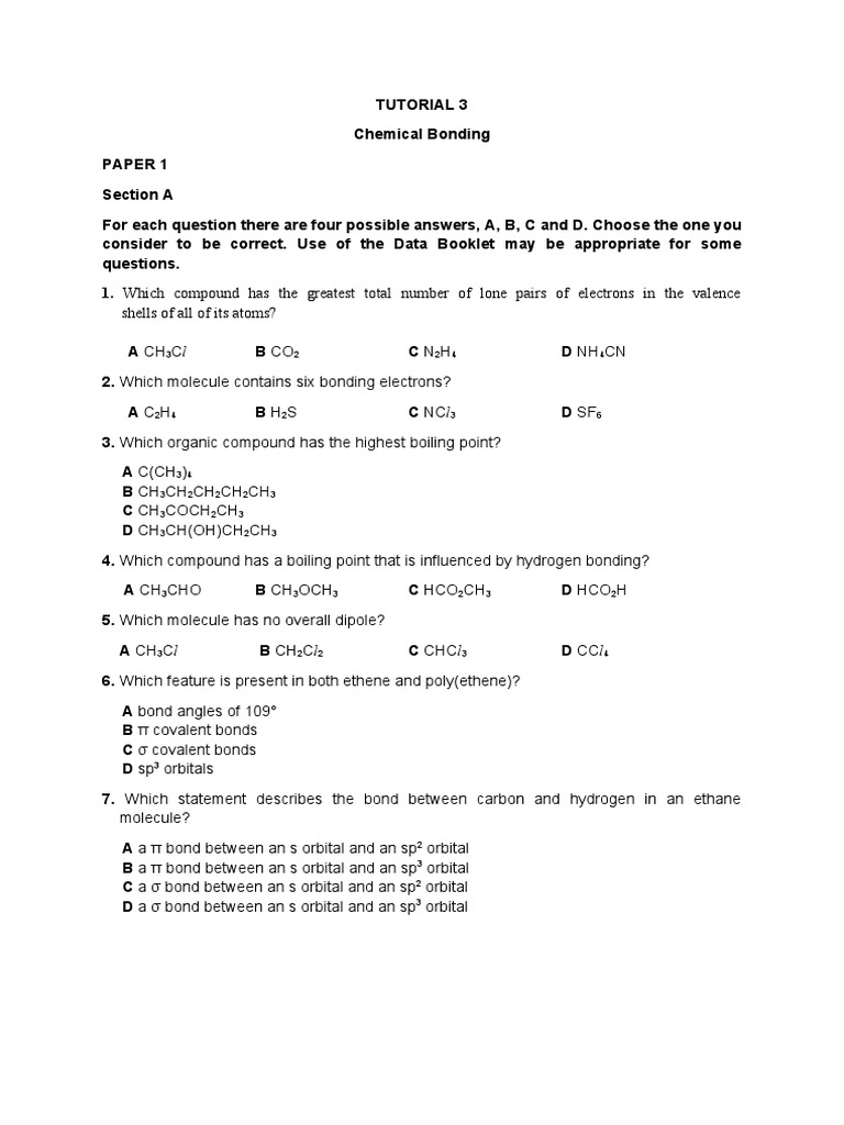 Tutorial 3 - Chemical Bonding | PDF | Chemical Bond | Iodine