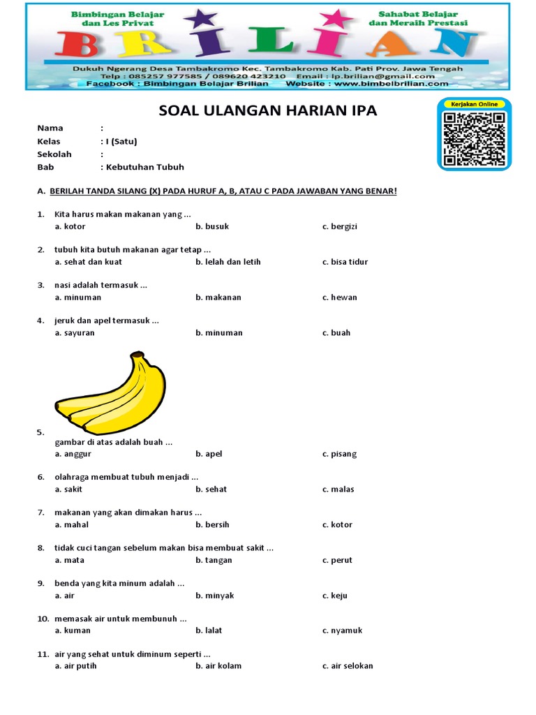 Soal IPA Kelas 1 SD Bab 2 Kebutuhan Tubuh Dan Kunci Jawaban | PDF | Kesehatan Holistik