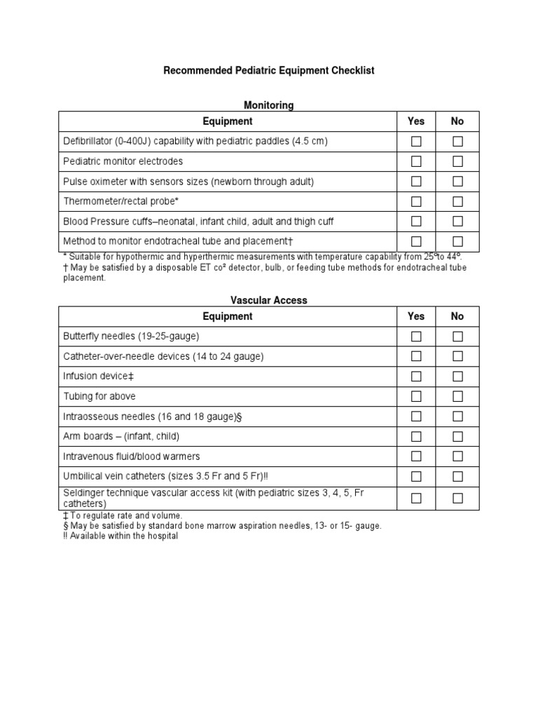 Pediatric Equipment Checklist Guide | PDF