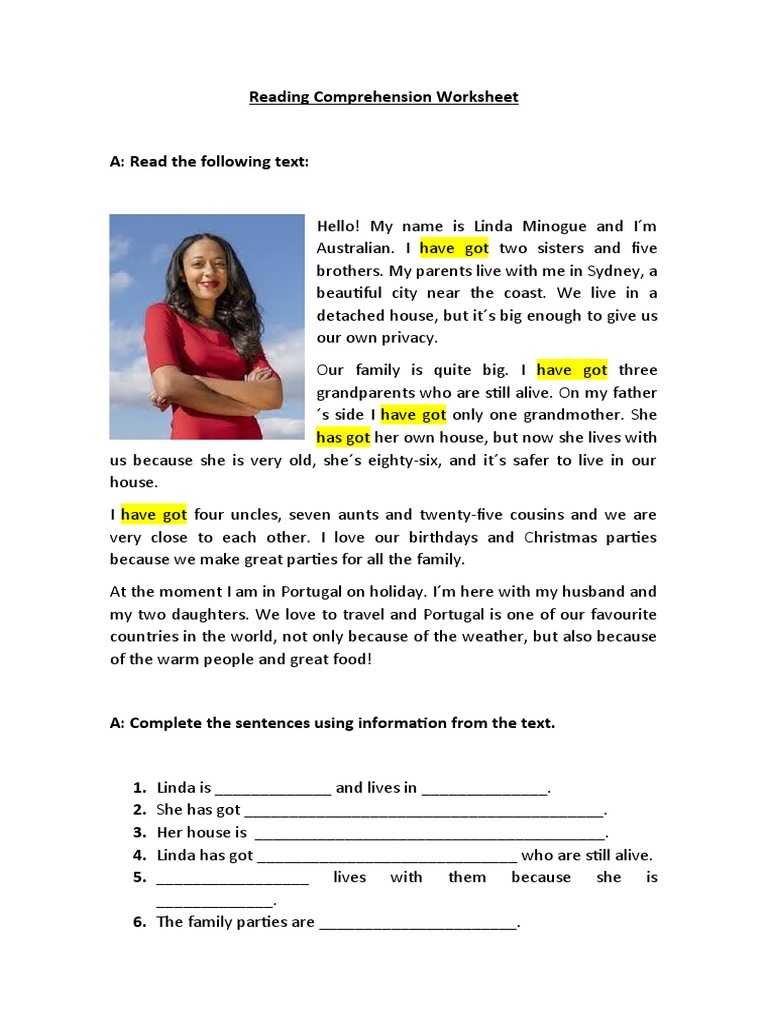 Reading Comprehension Worksheet - VERB To HAVE GOT | PDF