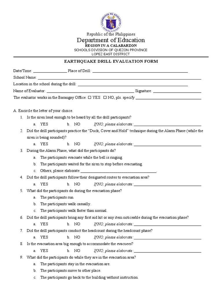 Earthquake Drill Evaluation Form | PDF