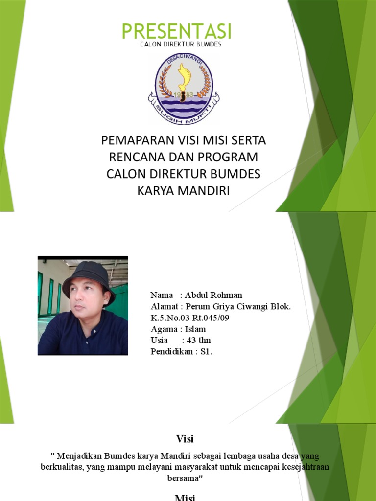Presentasi Calon Direktur Bumdes Karya Mandiri | PDF | Griya & Taman
