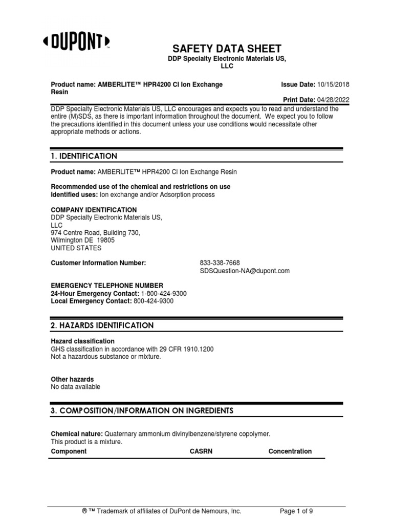 Amberlite HPR 4200 Ci MSDS | PDF | Toxicity | Dangerous Goods