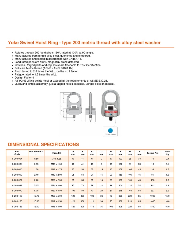 Yoke Swivel Hoist Ring - Type 203 Metric Thread With Alloy Steel Washer ...