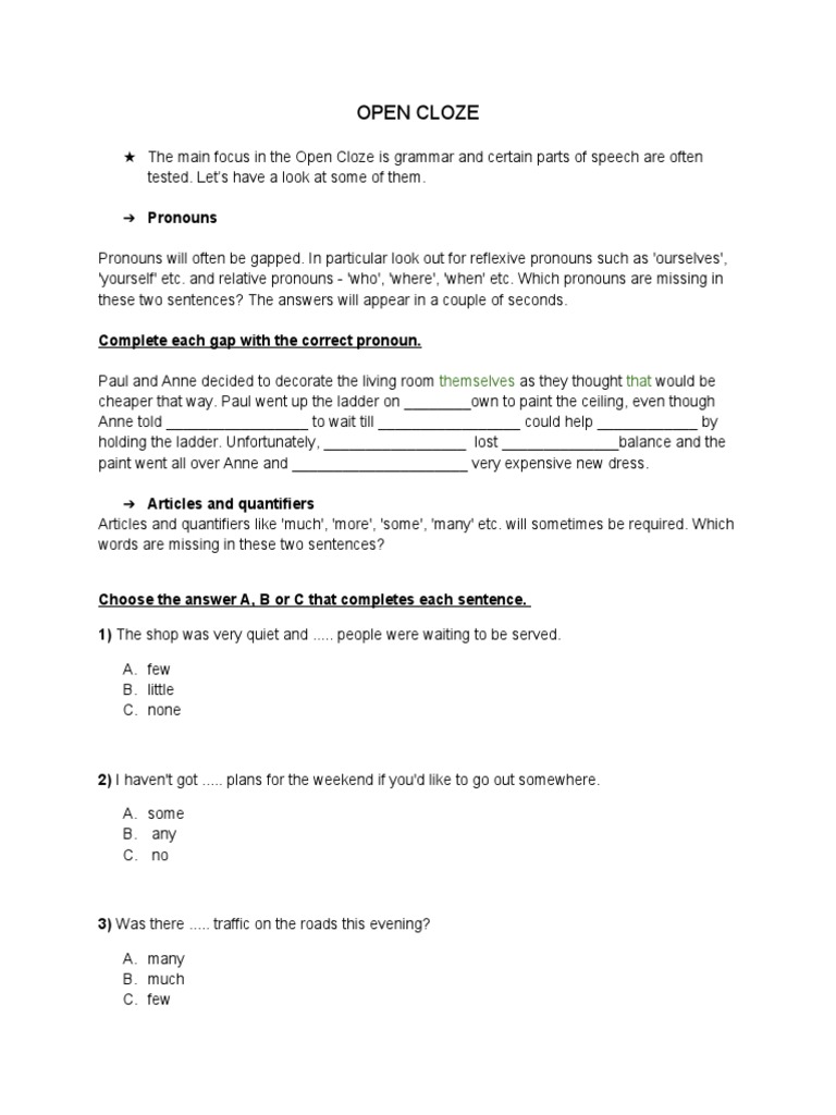 Open Cloze | PDF | Verb | Pronoun