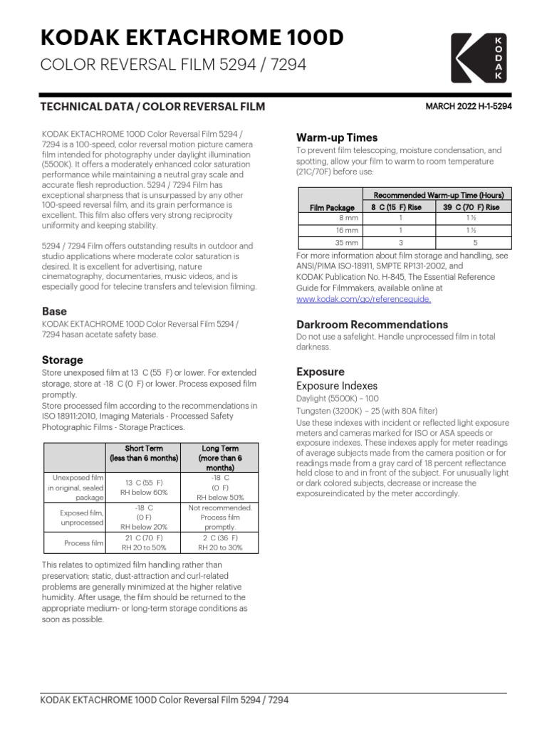 Kodak Ektachrome 100d Color Reversal Film 5294 7294 Datasheet en | PDF ...