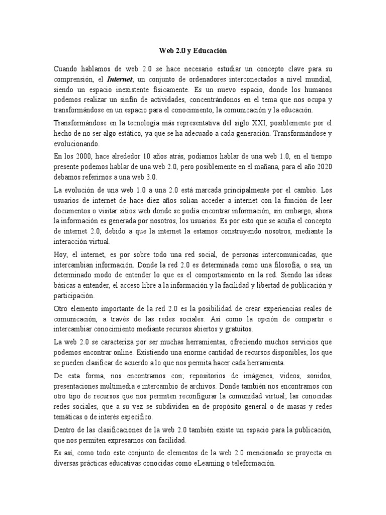 Resumen Web 2.0 y Educación | PDF | web 2.0 | Internet