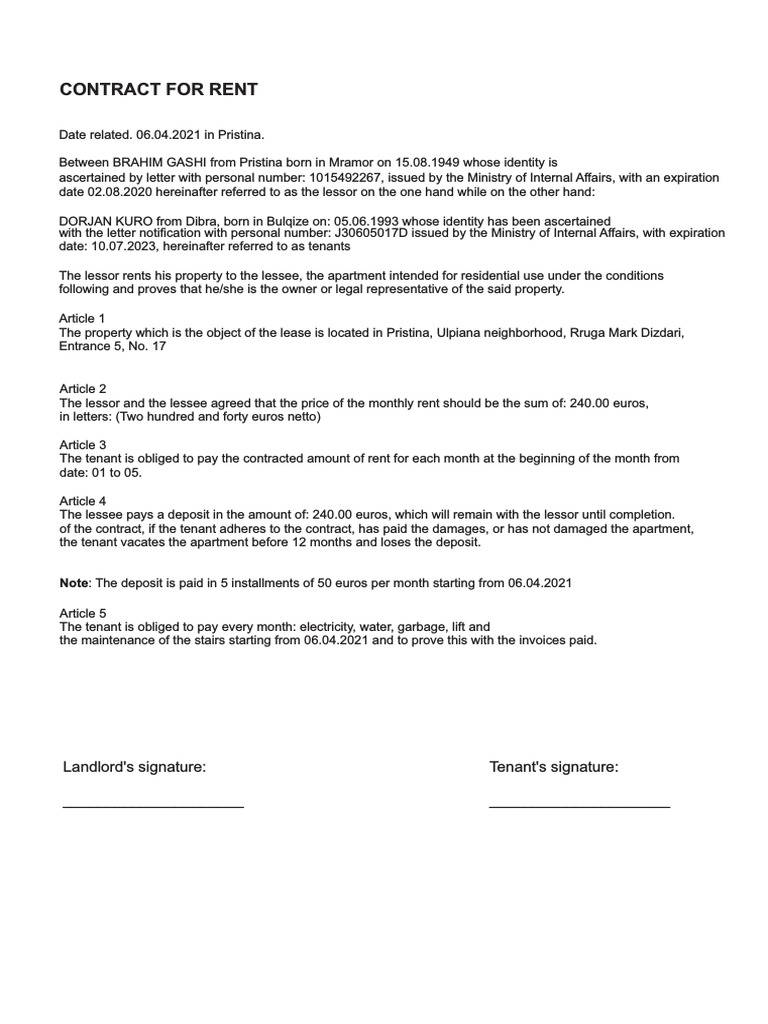 Kontrate Per Qera DK Anglisht | PDF