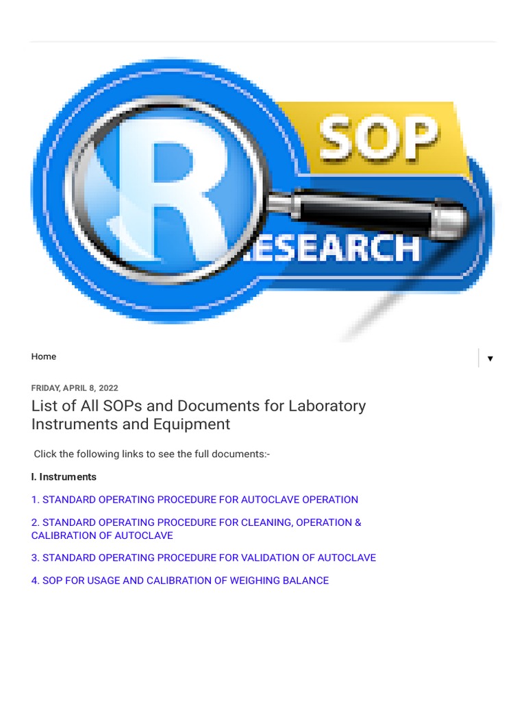 Research SOP - List of All SOPs and Documents For Laboratory Inst | PDF