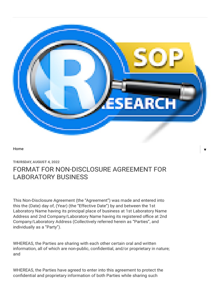 Research SOP - FORMAT FOR NON-DISCLOSURE AGREEMENT FOR LABORATORY | PDF ...