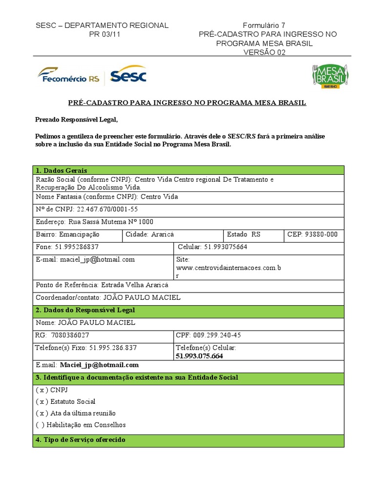 Cadastro Sesc Preenchido | PDF