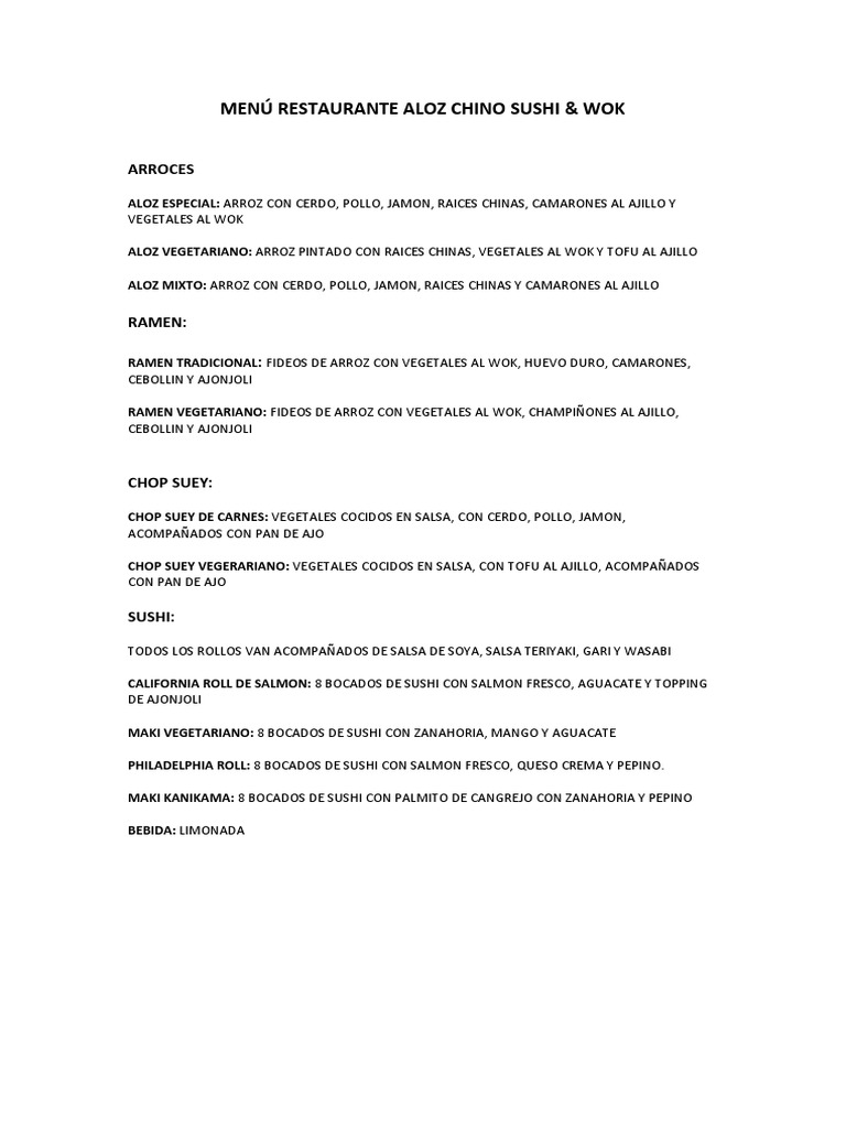 Menú Restaurante Aloz Chino Sushi | PDF