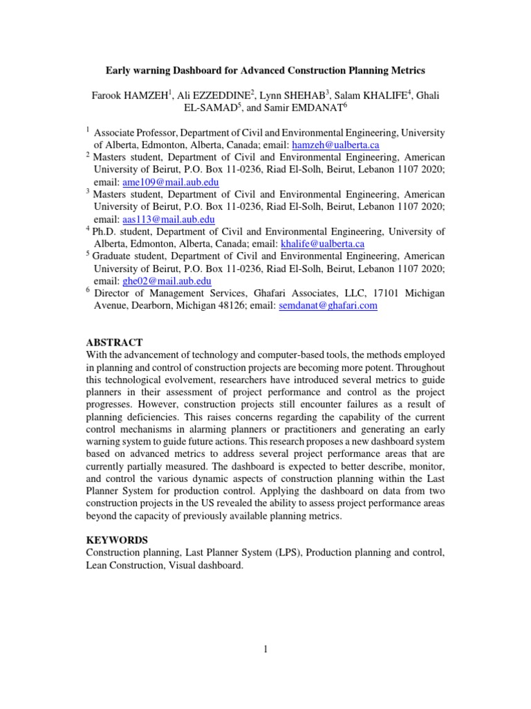 2020 - Early Warning Dashboard For Advanced Construction Planning ...