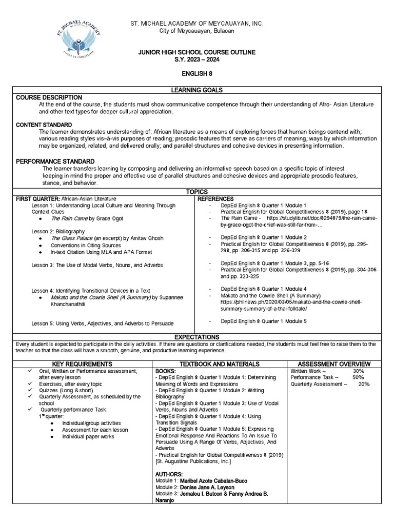 Aaa English 8 COURSE OUTLINE | PDF | English Language | Verb