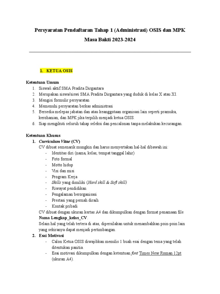 Persyaratan Pendaftaran Tahap 1 (Administrasi) OSIS_MPK 2023 | PDF