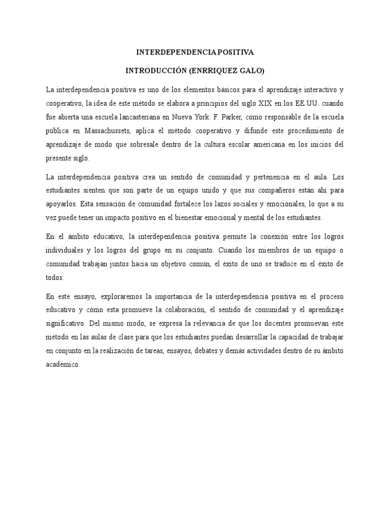 Importancia de la Interdependencia Positiva | PDF | Aprendizaje | Salón ...