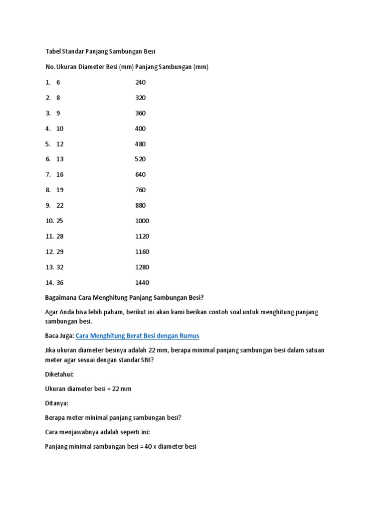 Tabel Standar Panjang Sambungan Besi | PDF