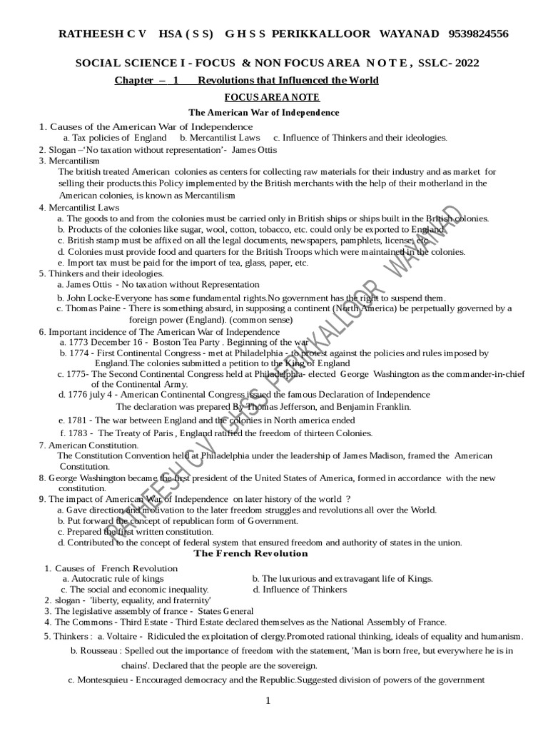 Kerala Social Science I Focus and Non- Focus Area Based Notes (Eng Med ...