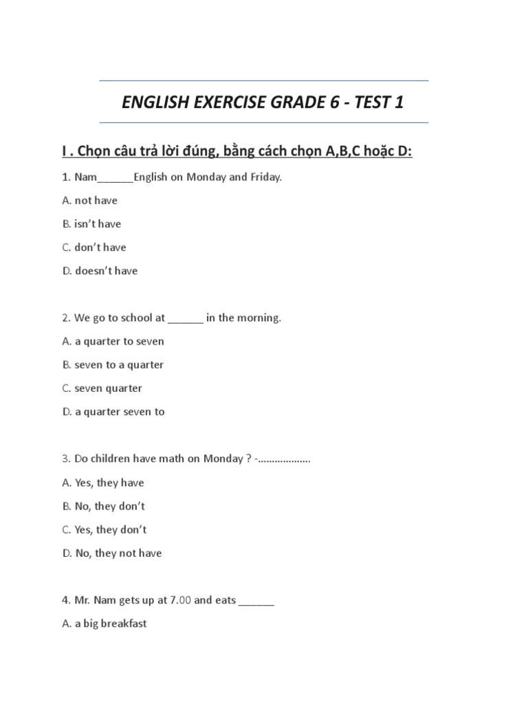 Grade 6 English Exercise Test 1 | PDF | Vietnam