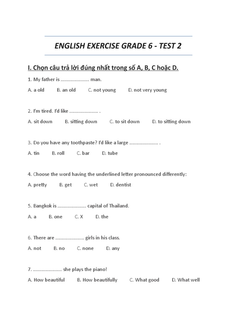 English Exercise Grade 6 - Test 2 | PDF | Home & Garden