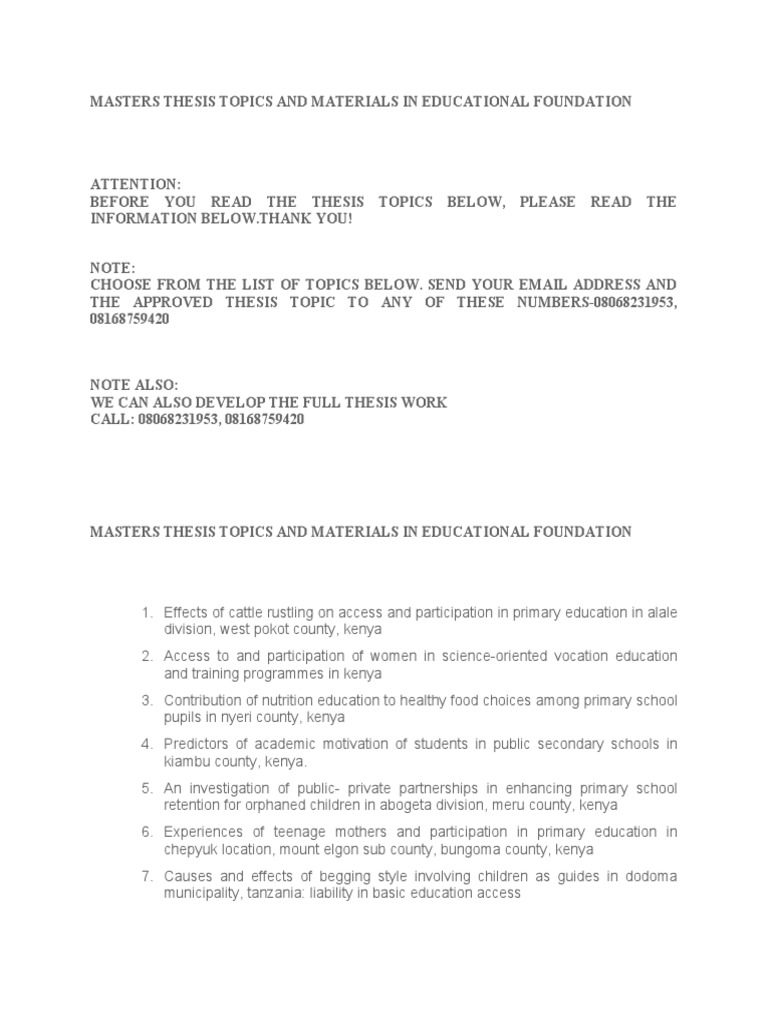 Masters Thesis Topics and Materials in Educational Foundation | PDF | Teachers | Nigeria