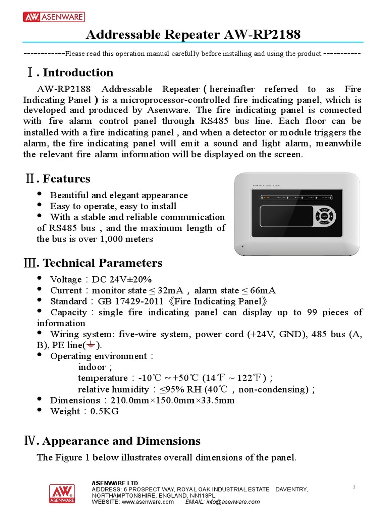 AW-RP2188 (New) Addressable Repeater User Manual 2022-2 | PDF