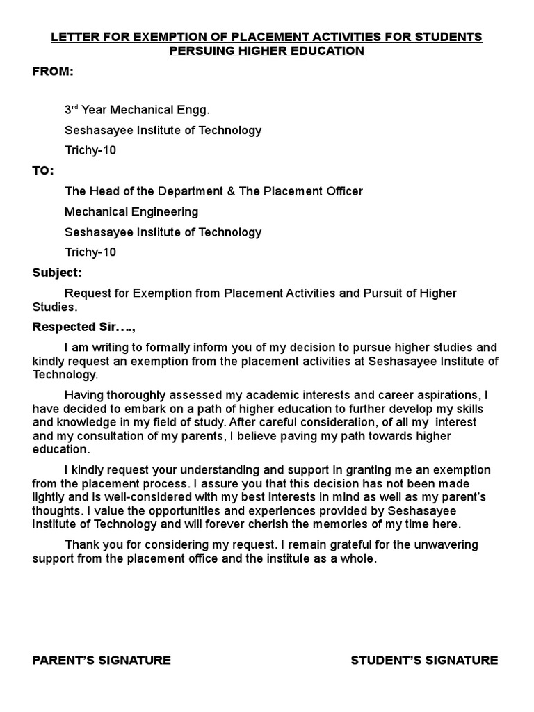 Letter For Exemption of Placement Activities For Students Persuing ...